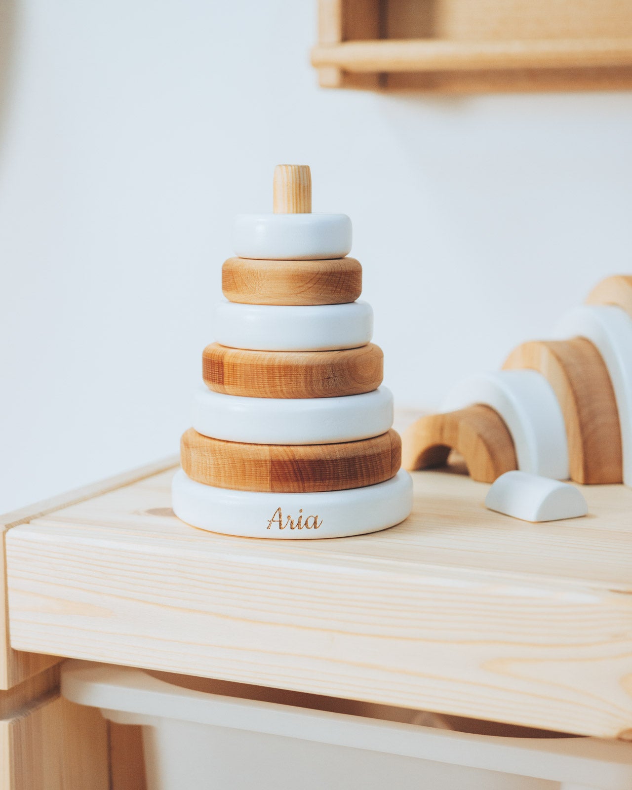 Wood & White Ring Stacker Always in Stock at ChildUniverse